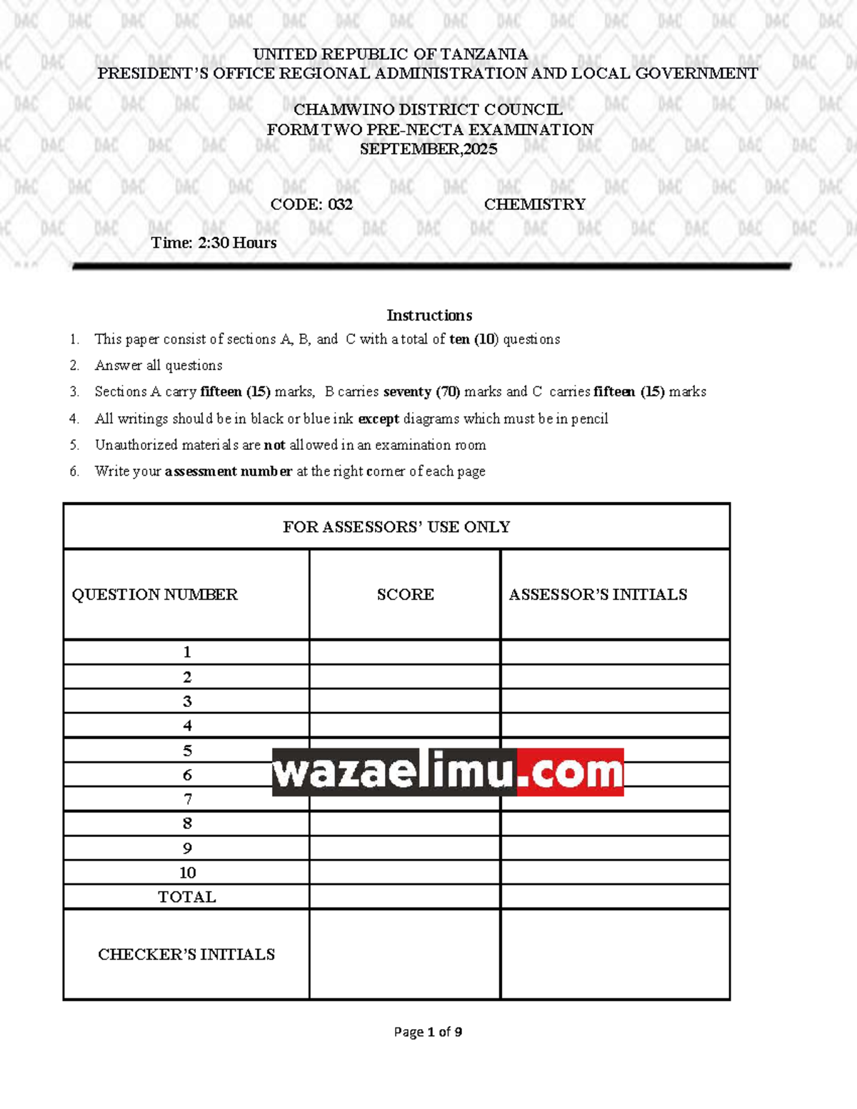 032 Chemistry Form Two Examination September 2025 - Detailed Questions ...