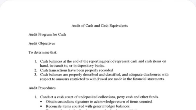 Audit Program for Cash and Cash Equivalents (AUD PROB CCE TB) - Studocu
