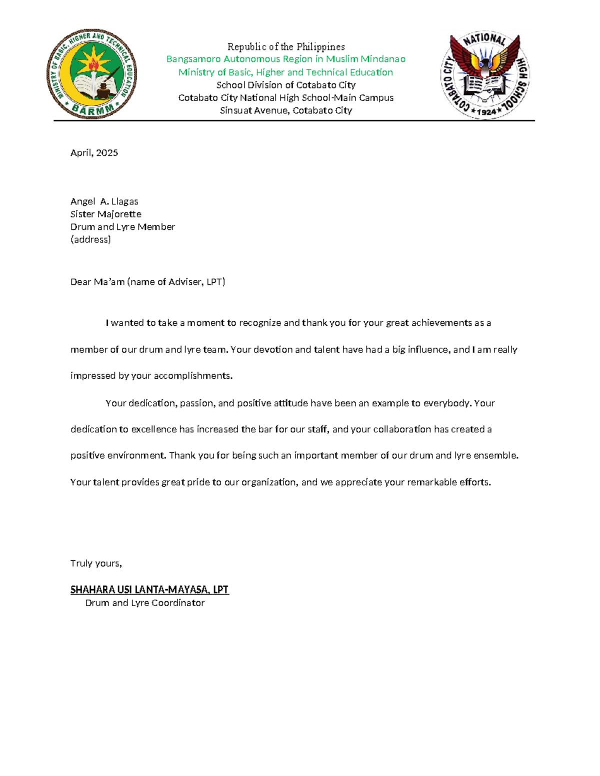 Drum and Lyre Team Recognition Letter - Cotabato City 2025 - Studocu