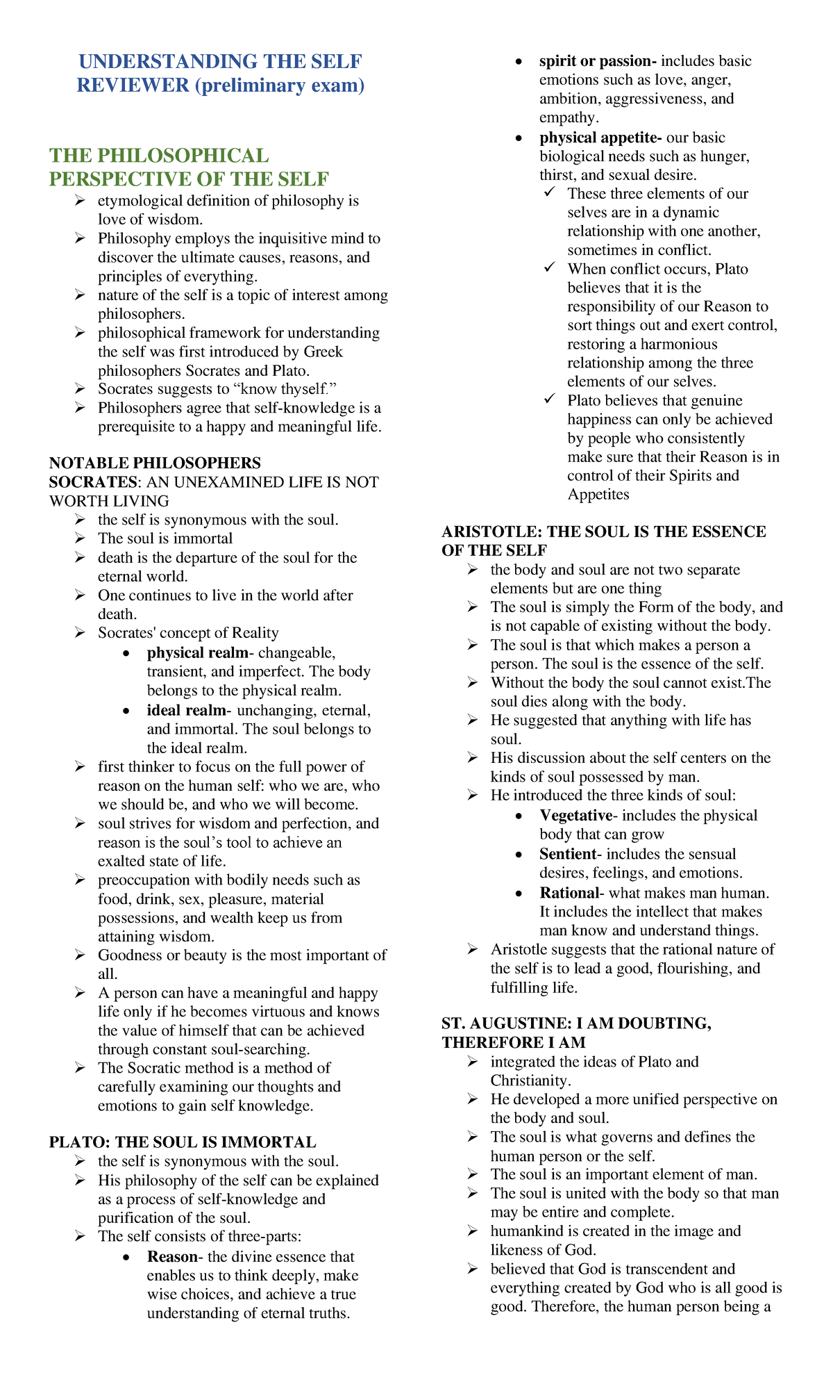 Understanding the Self: Philosophical Review (Prelim Exam) - Studocu