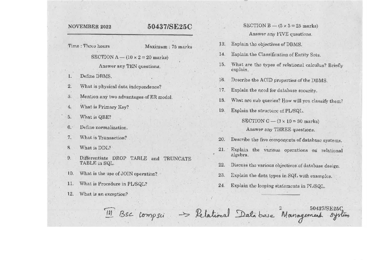 SE25C-NOV22 - RDBMS Exam Questions and Answers 2022 - Studocu