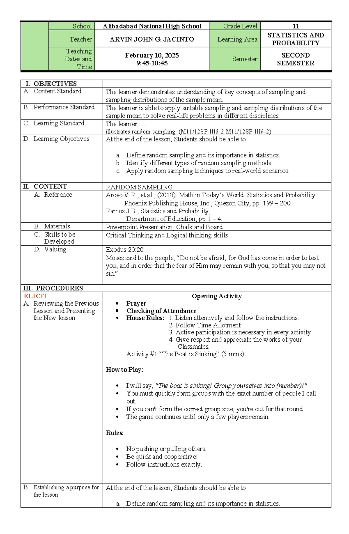 Detailed Lesson Plan on Random Sampling (SP) - Studocu