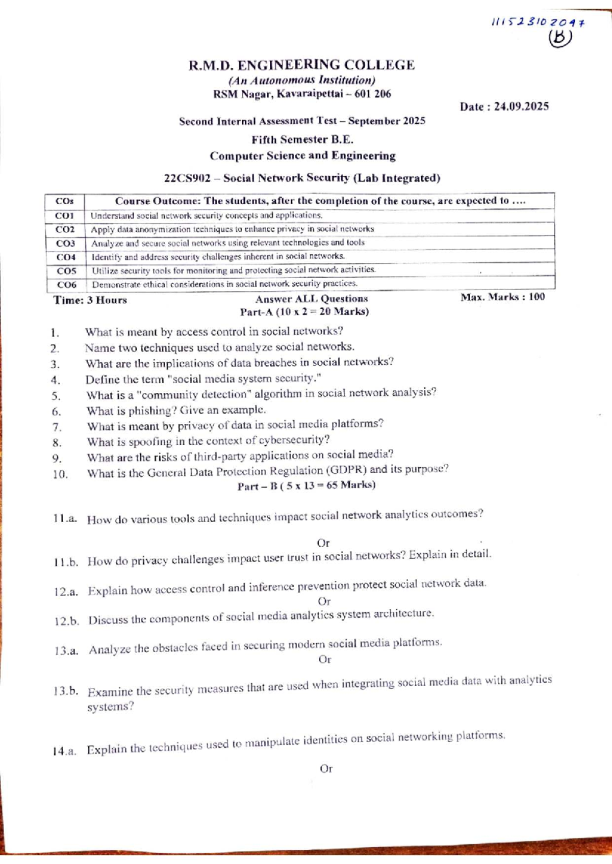 22CS902 Social Network Security Second Internal Assessment Test - Studocu