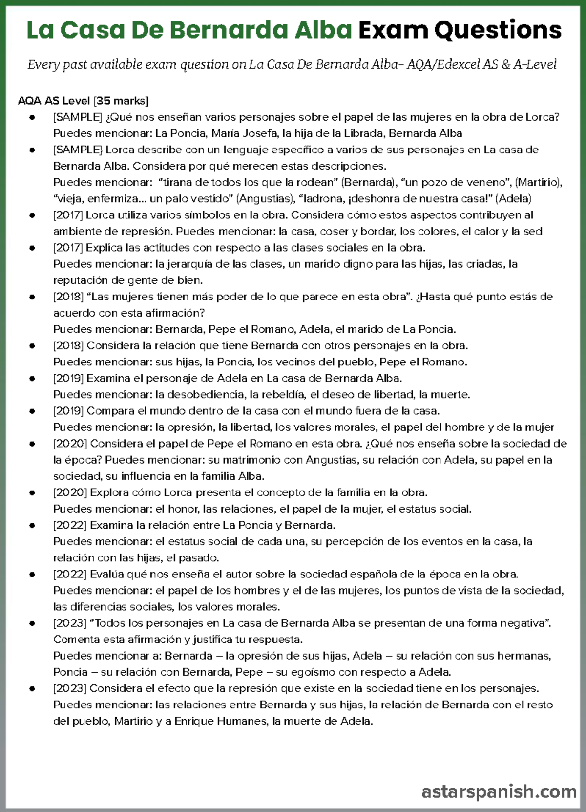 La Casa De Bernarda Alba: Preguntas de Examen AQA AS Level - Studocu