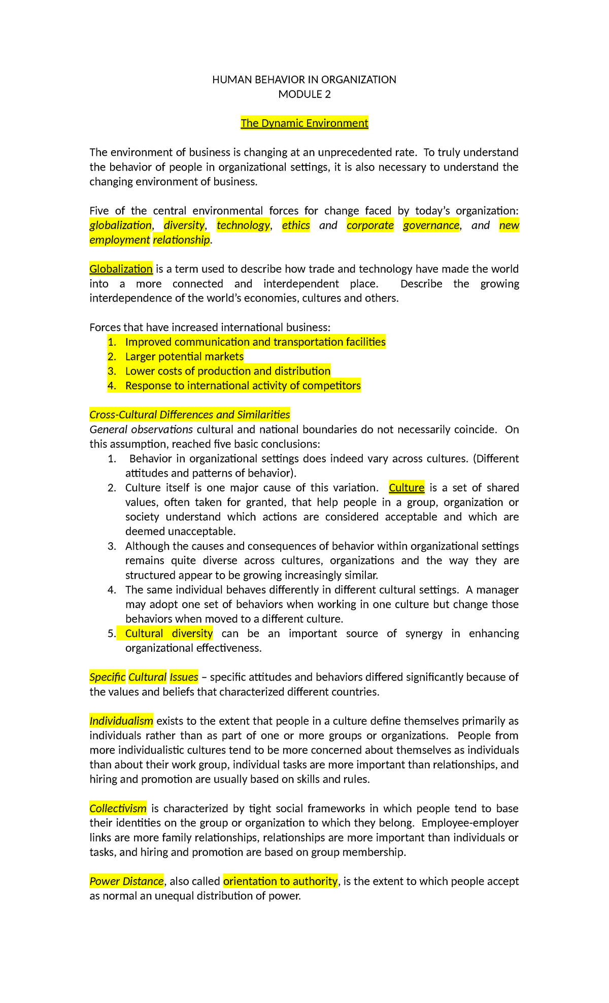 HUMAN BEHAVIOR IN ORGANIZATION: MODULE 2 - The Dynamic Environment ...