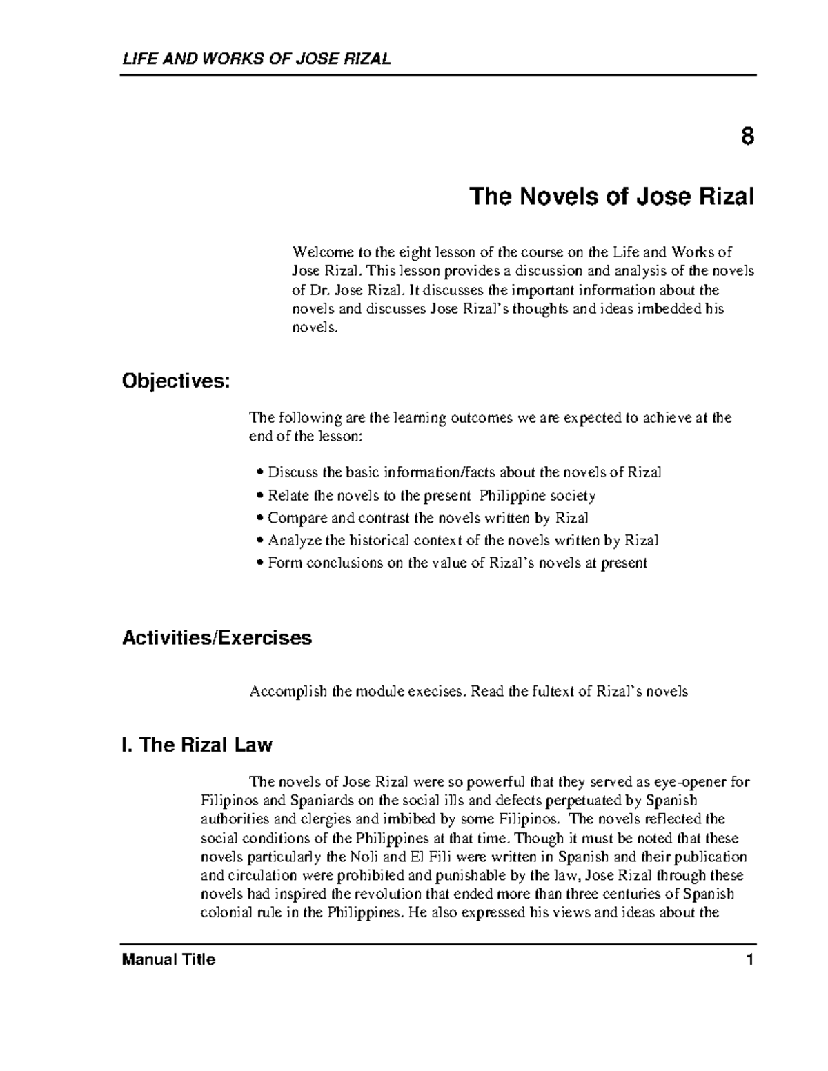 Lesson 8: Analyzing the Novels of Jose Rizal in Filipino Society - Studocu