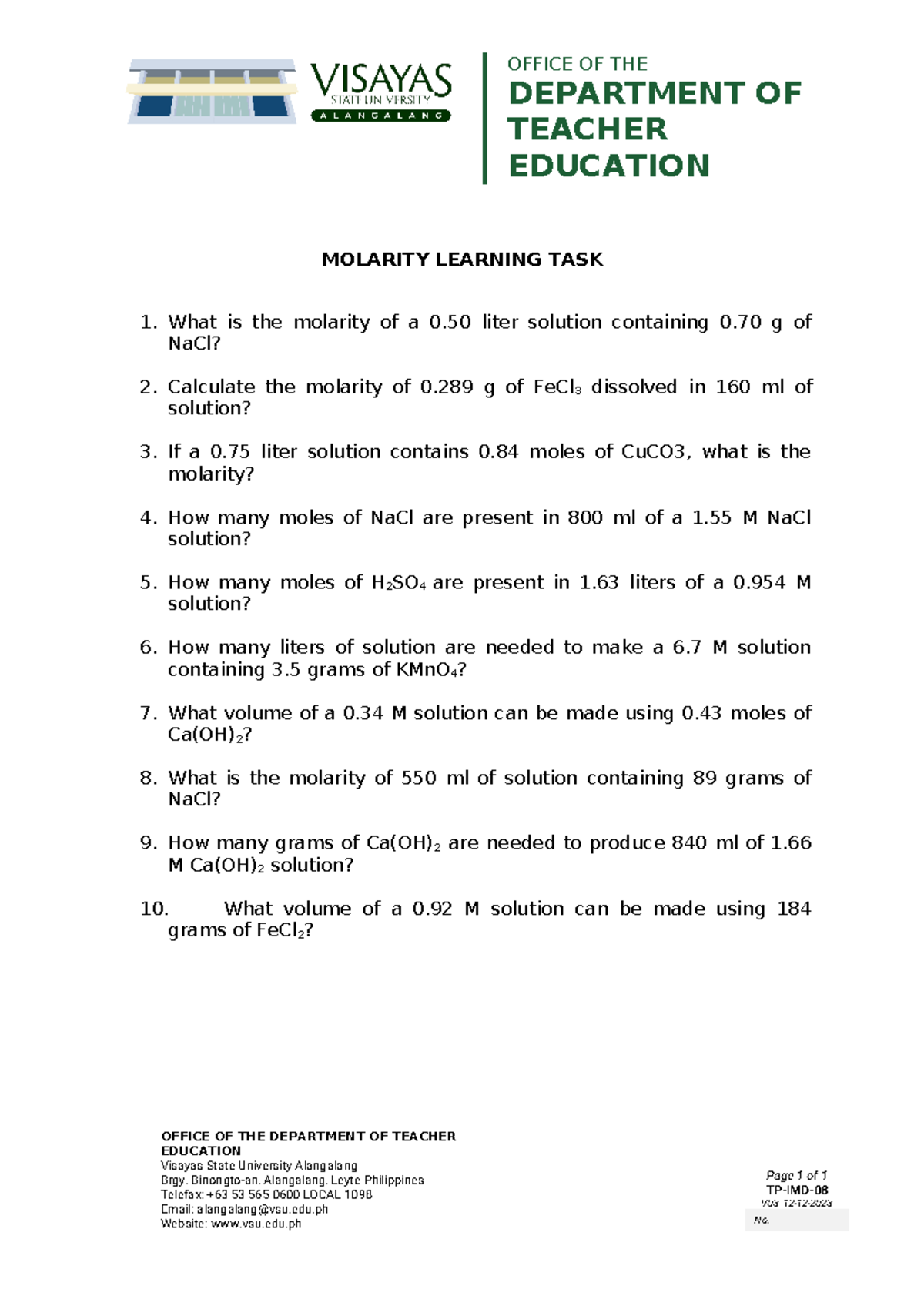 Molarity Worksheet - MOLARITY LEARNING TASK 1. What is the molarity of ...