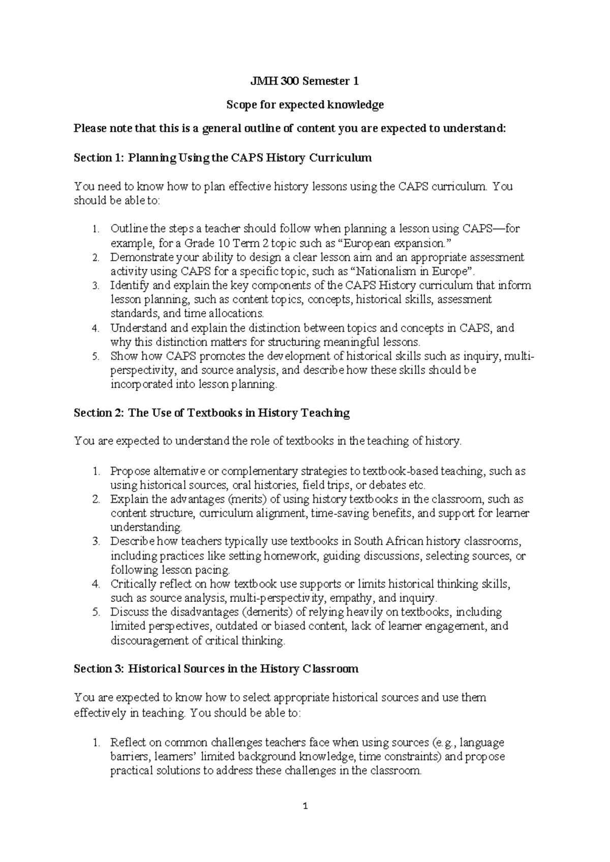 JMH 300 Semester 1: Scope of Knowledge for History Teaching - Studocu