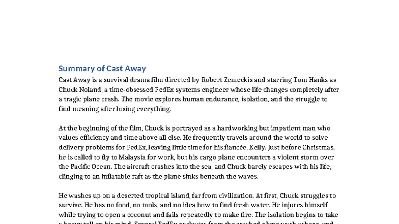Summary of Cast Away - Film Analysis Worksheet - Studocu
