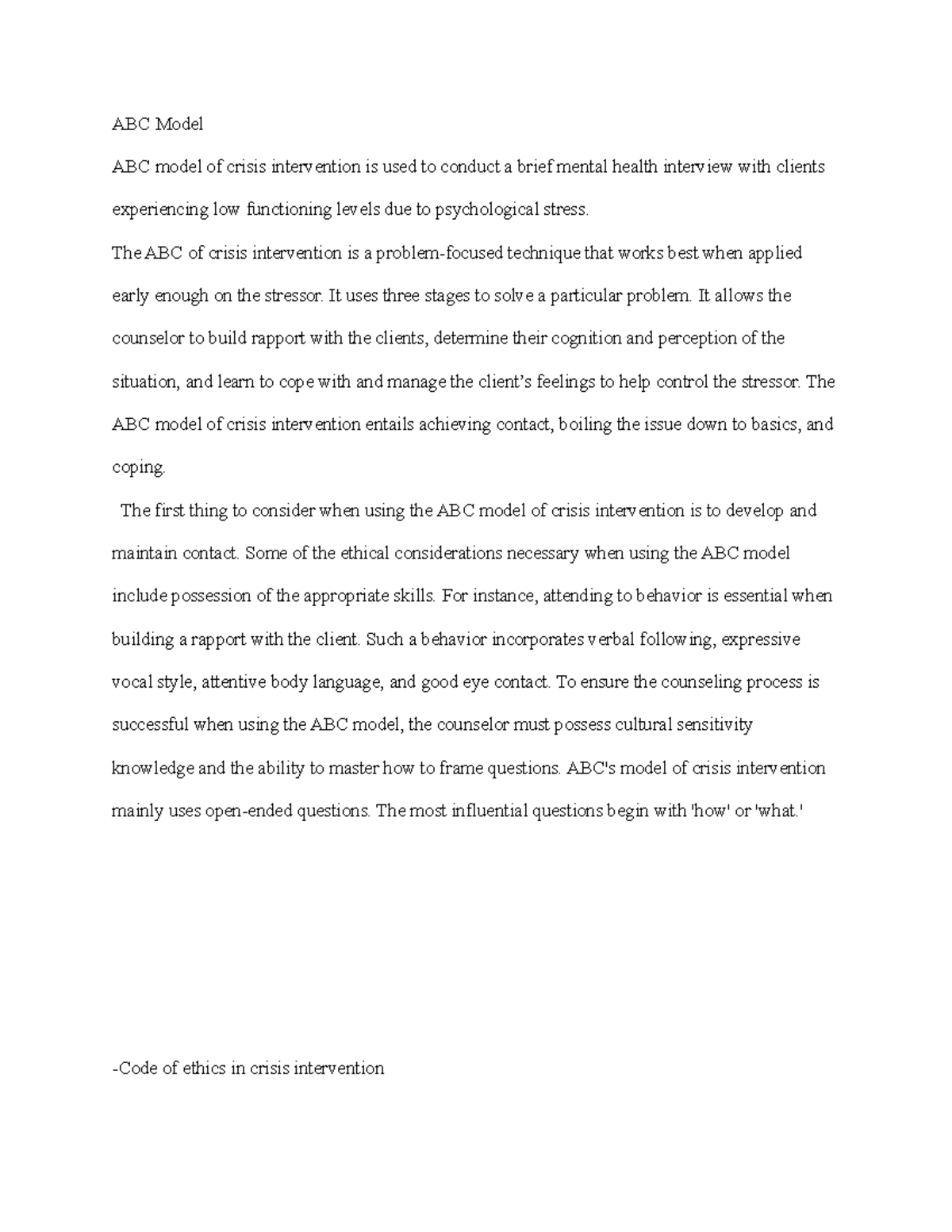 Crisis Intervention Strategies: ABC Model Overview and Ethical ...