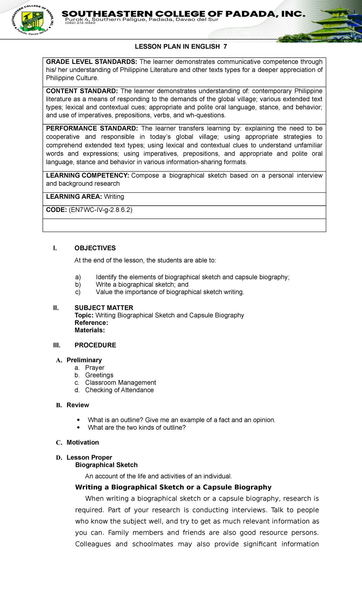 Biographical Sketch Lesson Plan for English 7: Writing Standards - Studocu