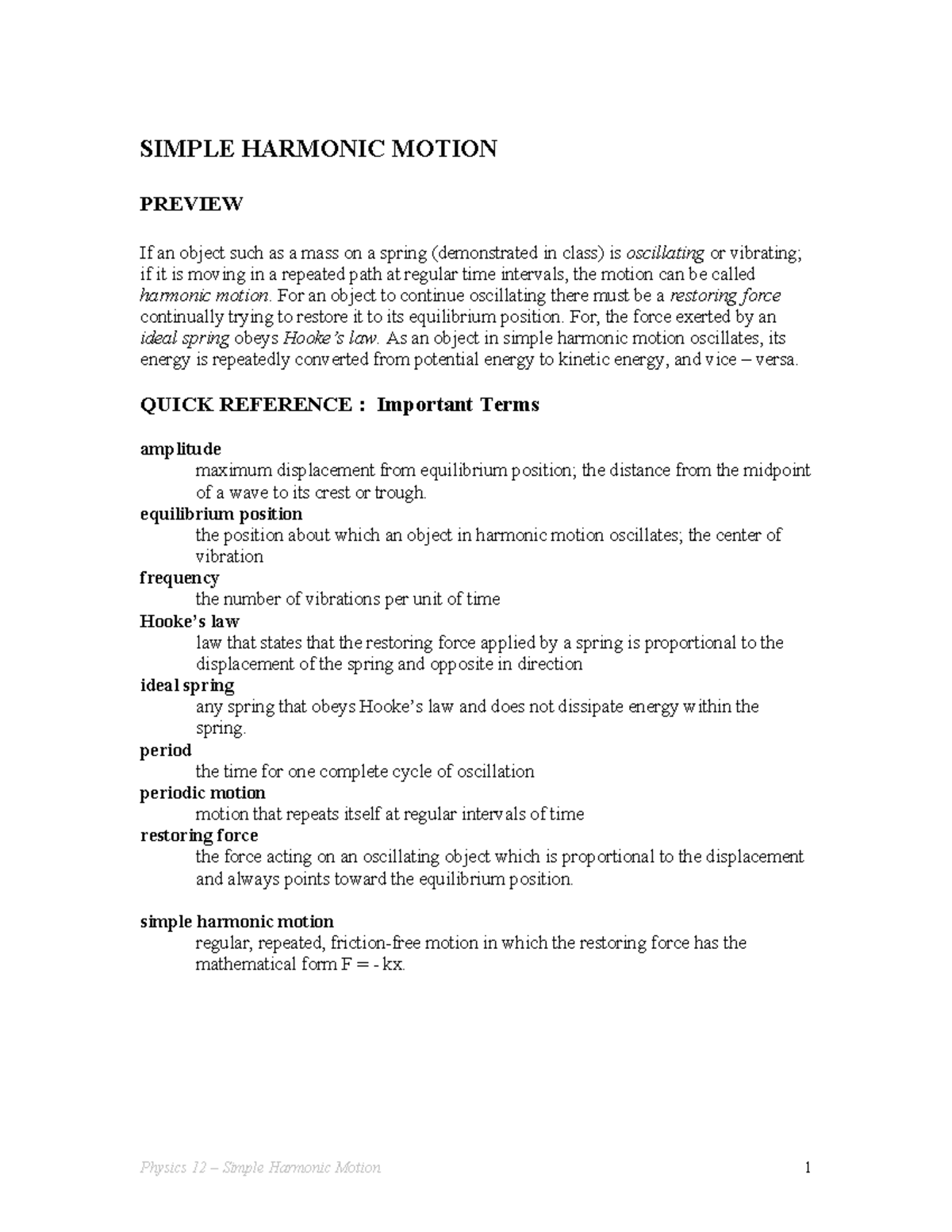 Physics 12 Simple Harmonic Motion Notes 2024 - Studocu