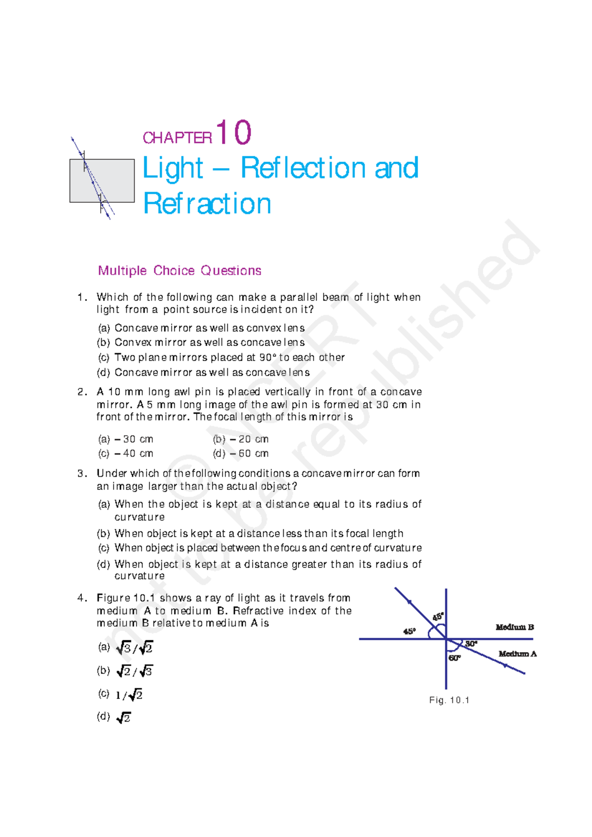 CHAPTER 10 MCQs on Light Reflection and Refraction - Studocu
