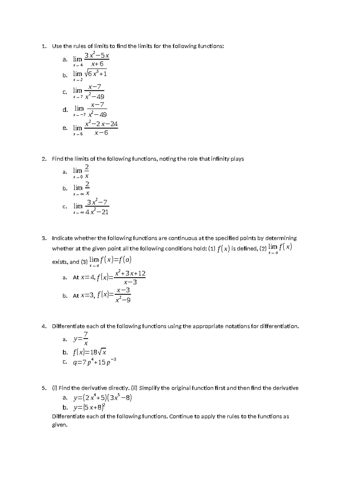 Chapter 3 Practice Questions & Solutions: Limits & Derivatives - Studocu