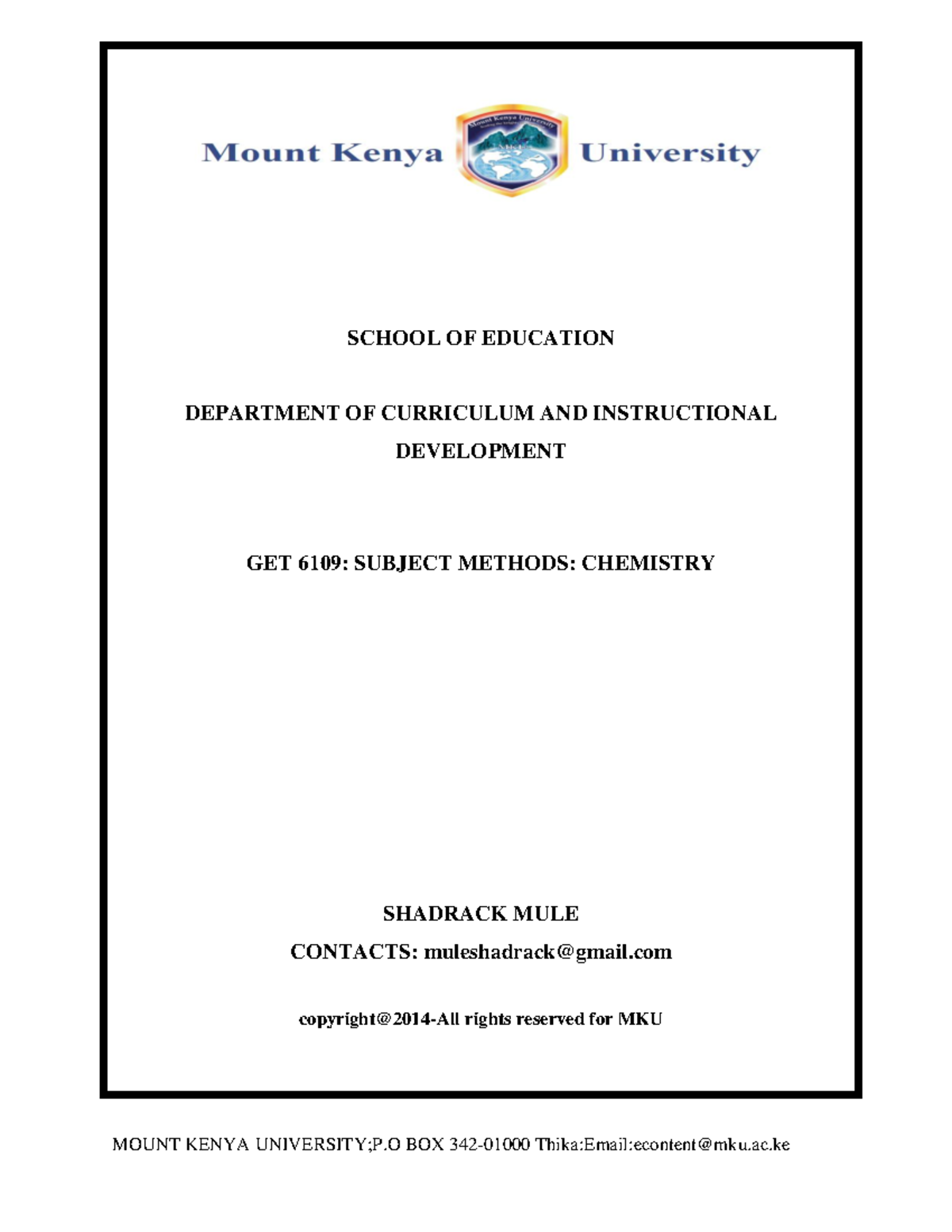 GET 6109: Subject Methods in Chemistry - Comprehensive Course Guide ...