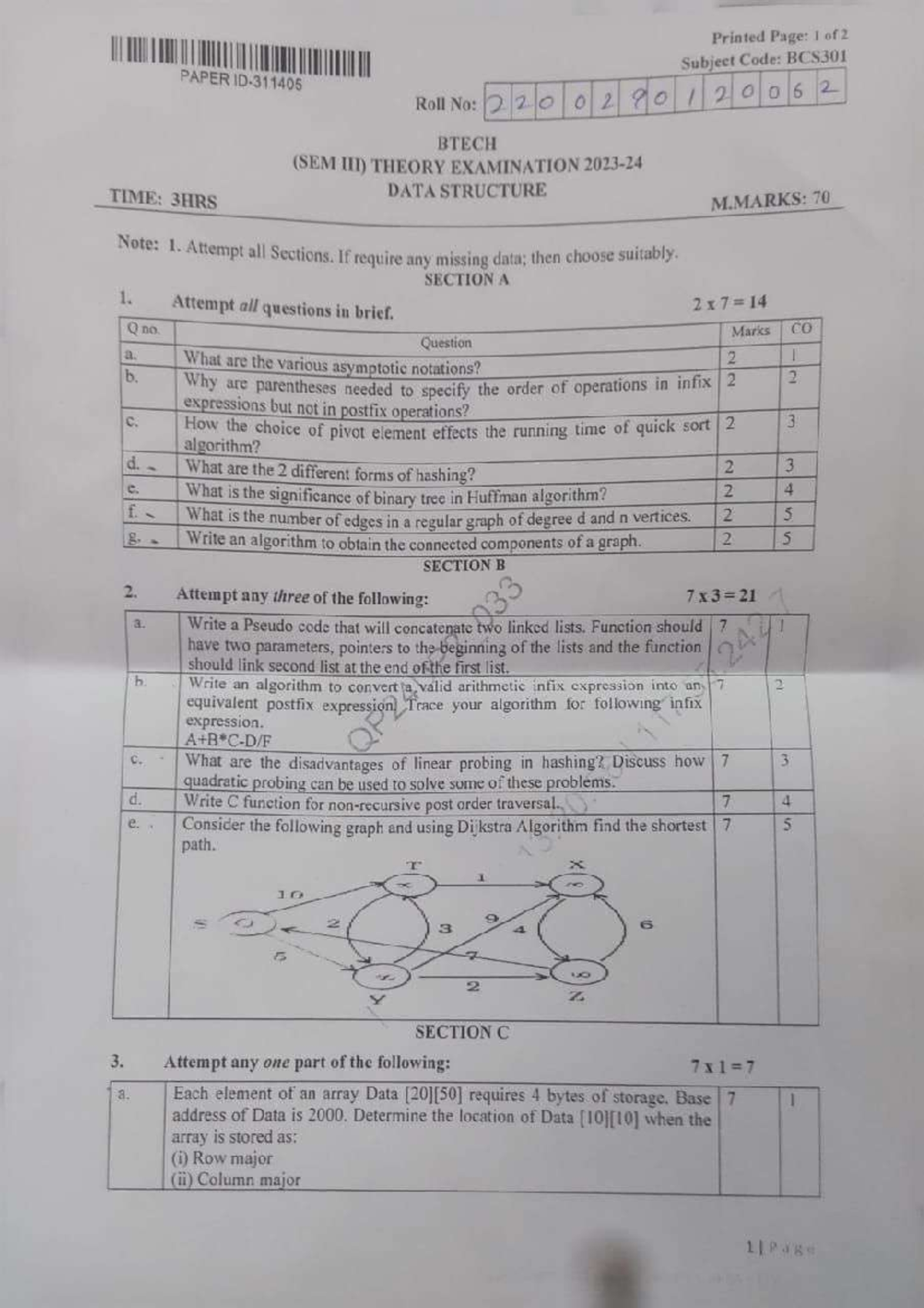 AKTU 2023-2024 16 Mar 2024 - Printed Page: I of 2 Subject Code: BCS301 ...