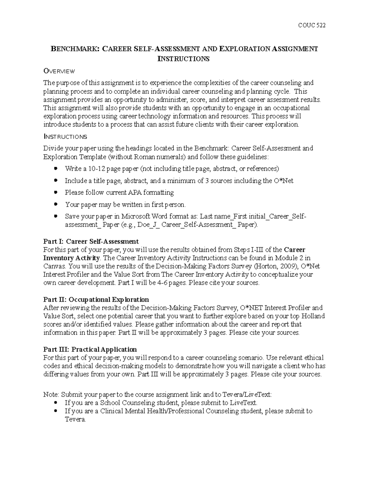 COUC 522: Career Self-Assessment & Occupational Exploration Guide - Studocu