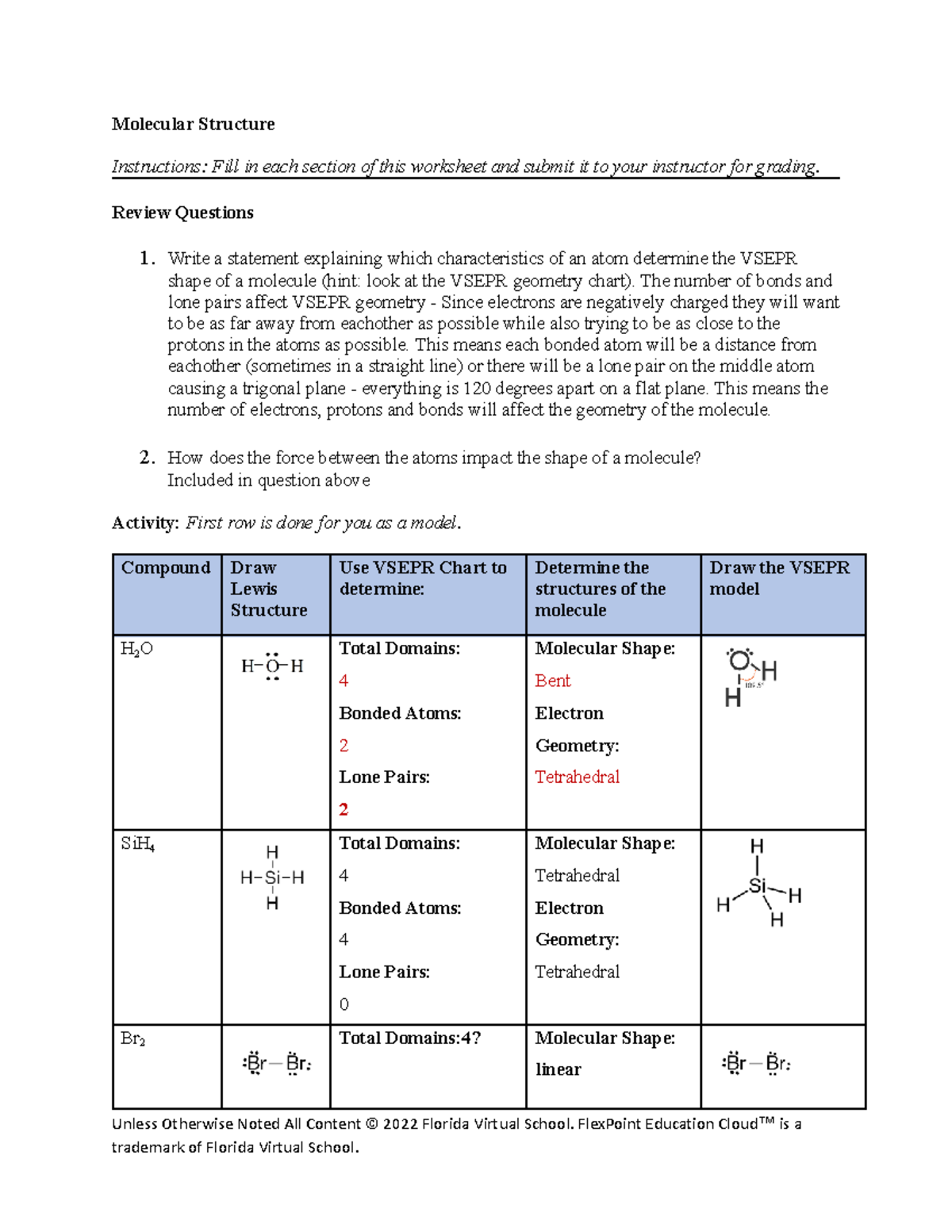 Molecular Structure Worksheet: VSEPR Geometry Analysis - Studocu