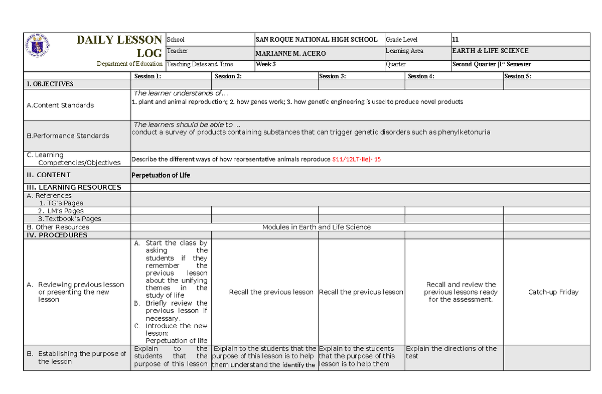 Quarter 2week3 - DLL in earth and life science - DAILY LESSON LOG ...