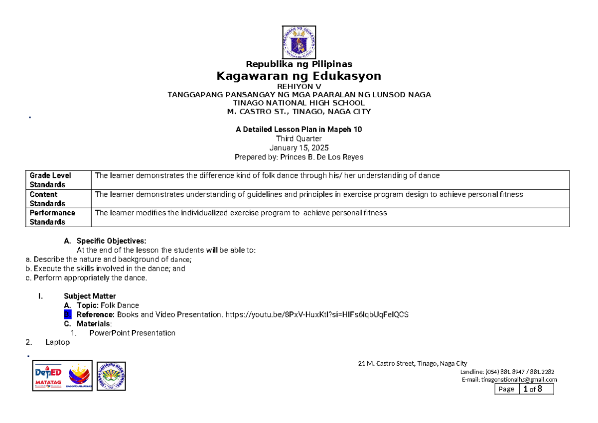 Detailed Lesson Plan in MAPEH 10: Folk Dance Focus (3rd Quarter) - Studocu