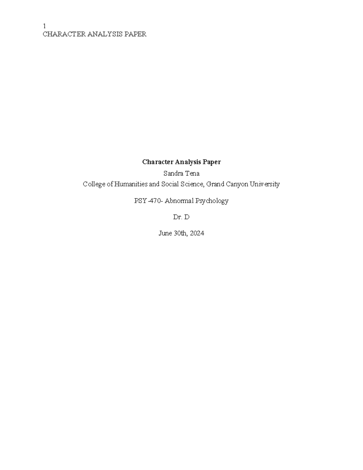 Character Analysis Paper - CHARACTER ANALYSIS PAPER Character Analysis ...
