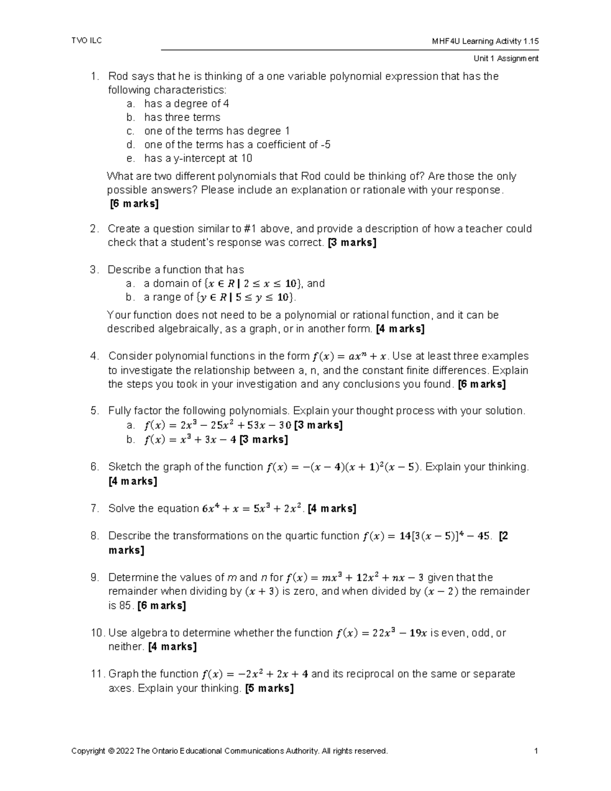 TVO ILC MHF4U Unit 1 Assignment 1: Polynomial Functions & Analysis - Studocu