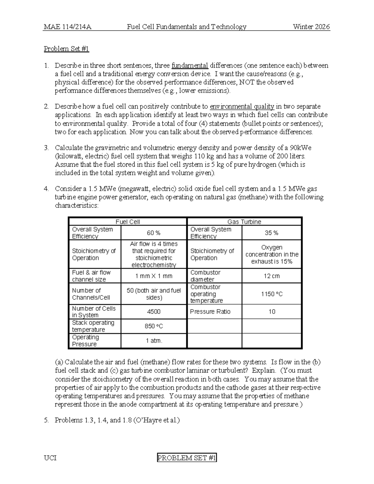 MAE 2026 Fuel Cell Fundamentals & Tech Problem Set 1 - Studocu