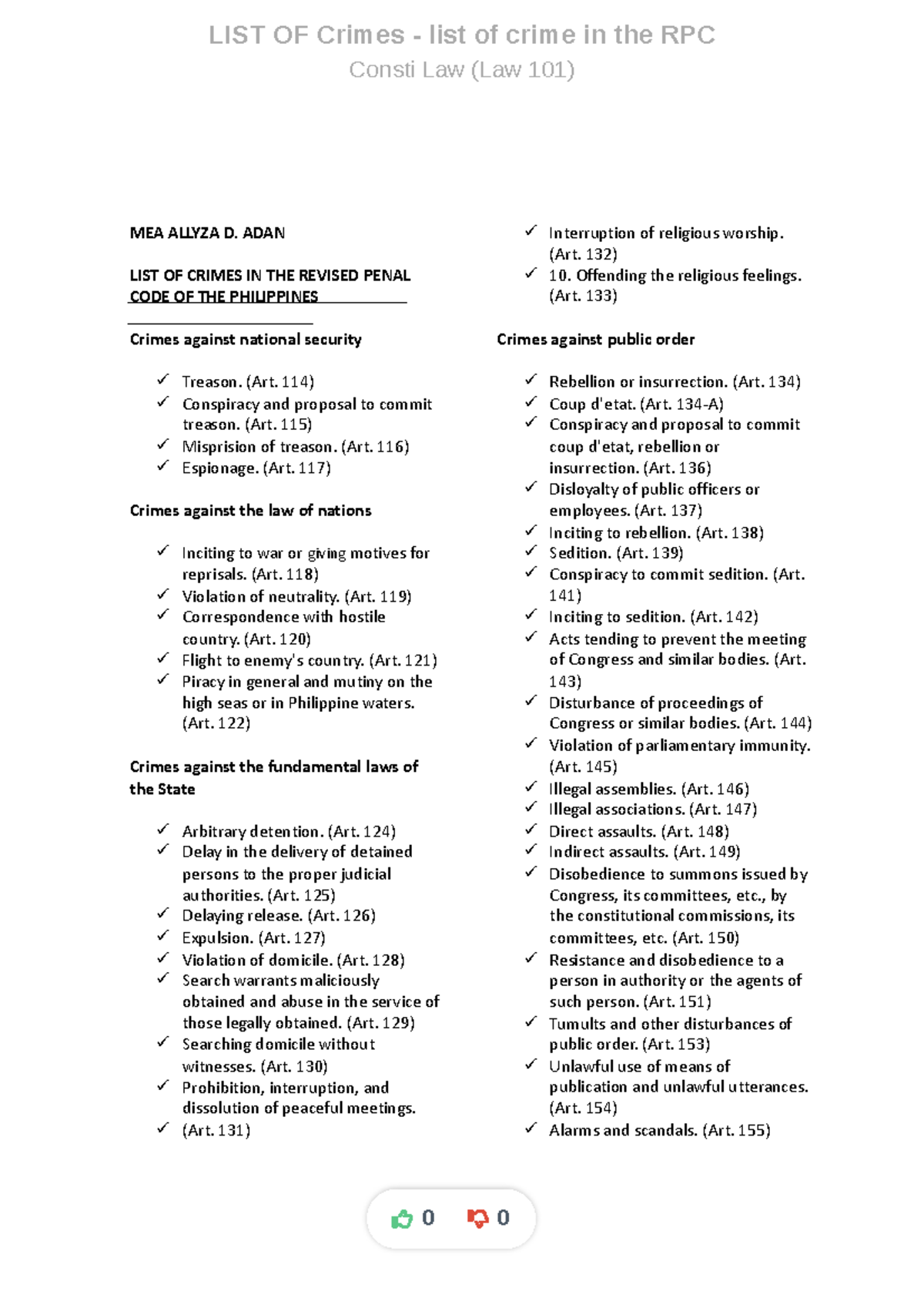 LIST OF CRIMES IN THE RPC - Consti Law (Law 101) Study Guide - Studocu