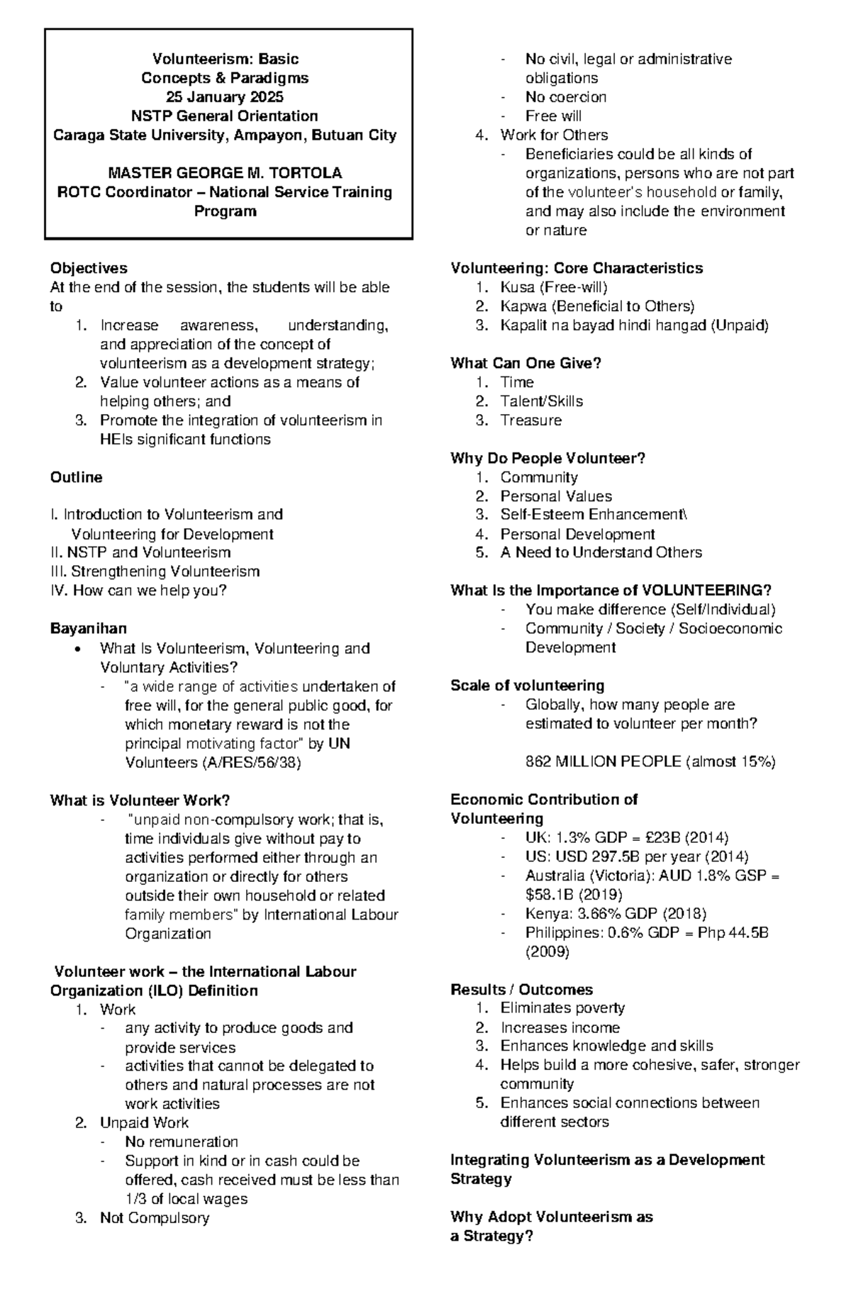 Volunteerism: Concepts and Strategies for NSTP Development - Studocu