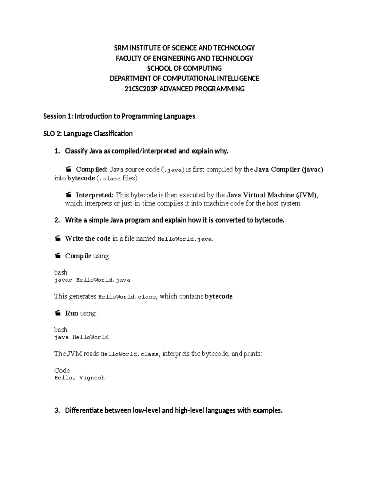 21CSC203P Advanced Programming: Intro to Programming Languages - Studocu