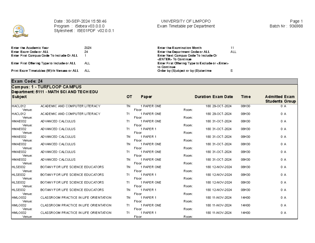 2024 Final Exam Timetable for Departments at Turfloop Campus - Studocu