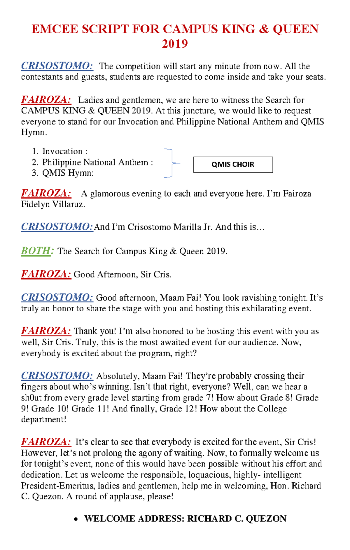 Emcee script for Campus King Queen 2019 event - Studocu