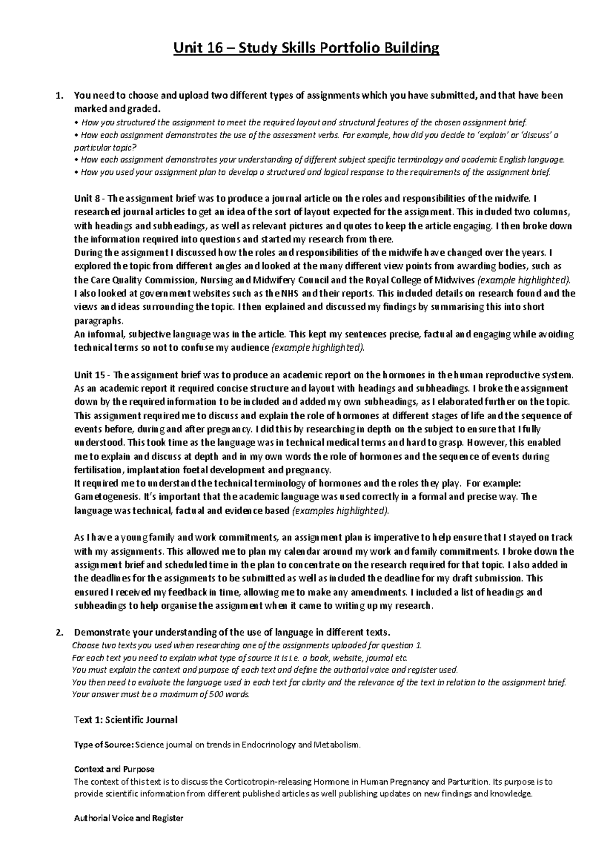 Unit 16 Study Skills Portfolio: Building Academic Competence in ...