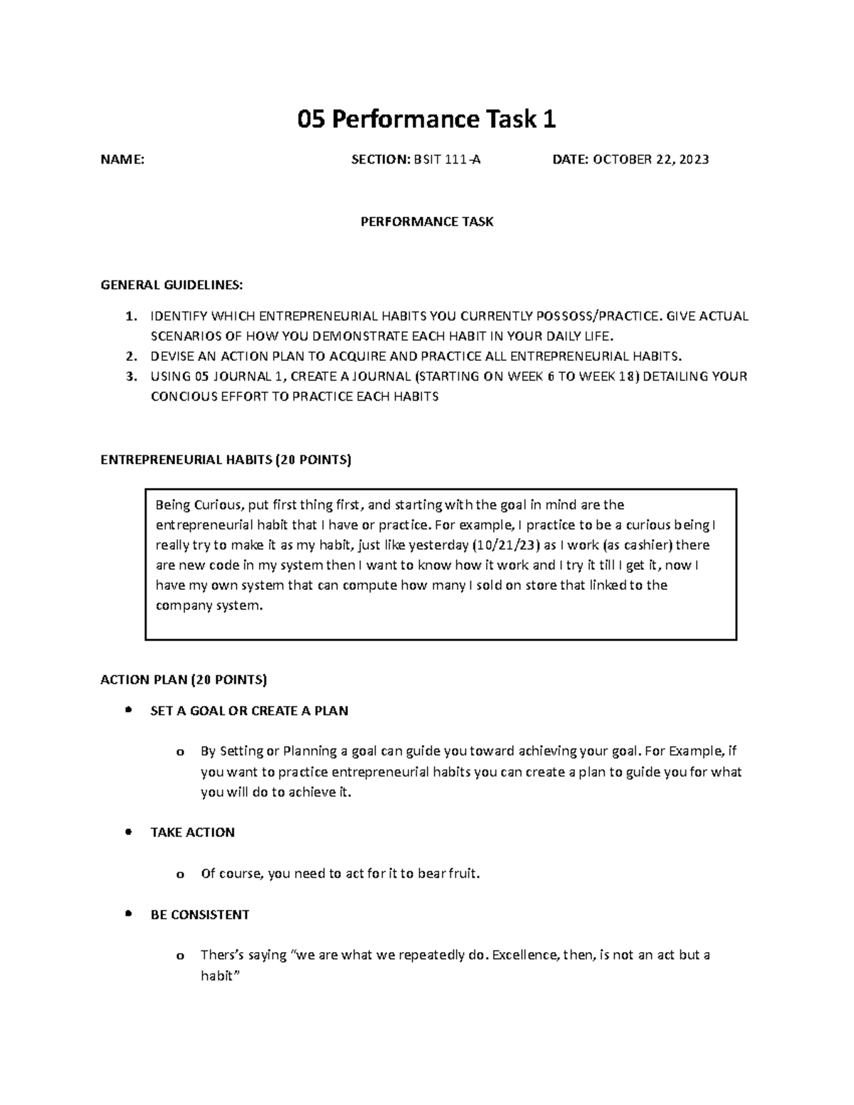 BSIT 111-A: Performance Task 1 - Entrepreneurial Habits & Action Plan ...