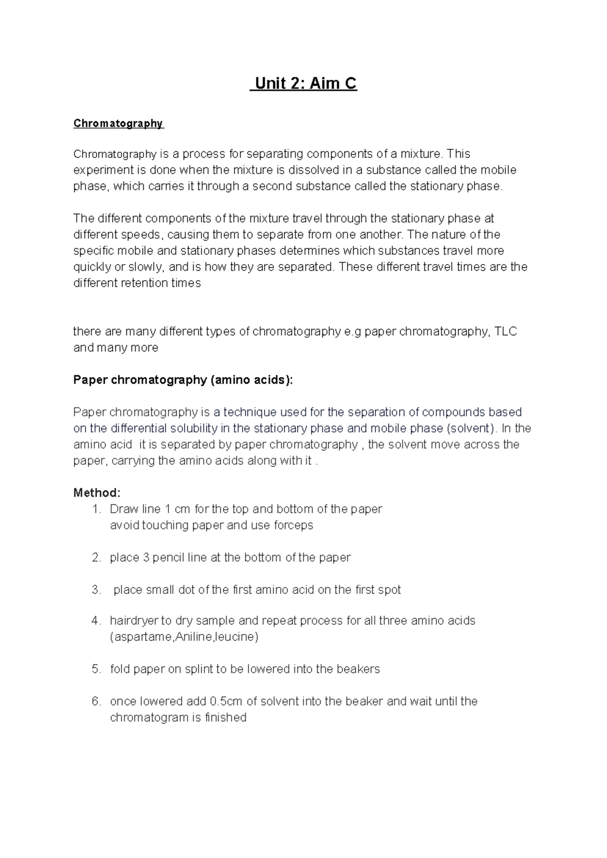 Unit 2 Aim C - Chromatography Write-Up for BTEC Pearson Applied Science - Studocu