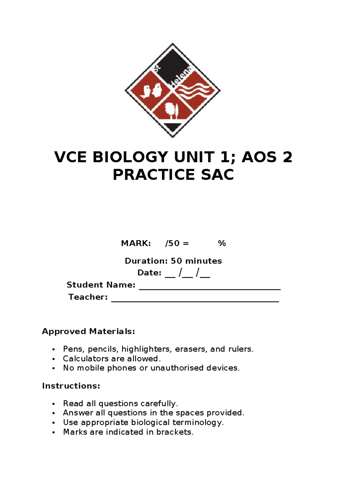 VCE BIOLOGY UNIT AOS 2 PRACTICE SAC 3: Excretory & Endocrine Systems ...