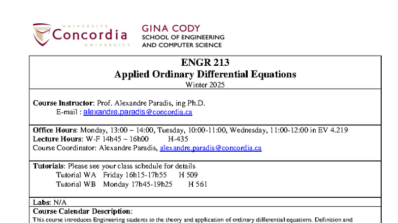 ENGR 213 Course Outline: Applied Ordinary Differential Equations Winter 2025 - Studocu