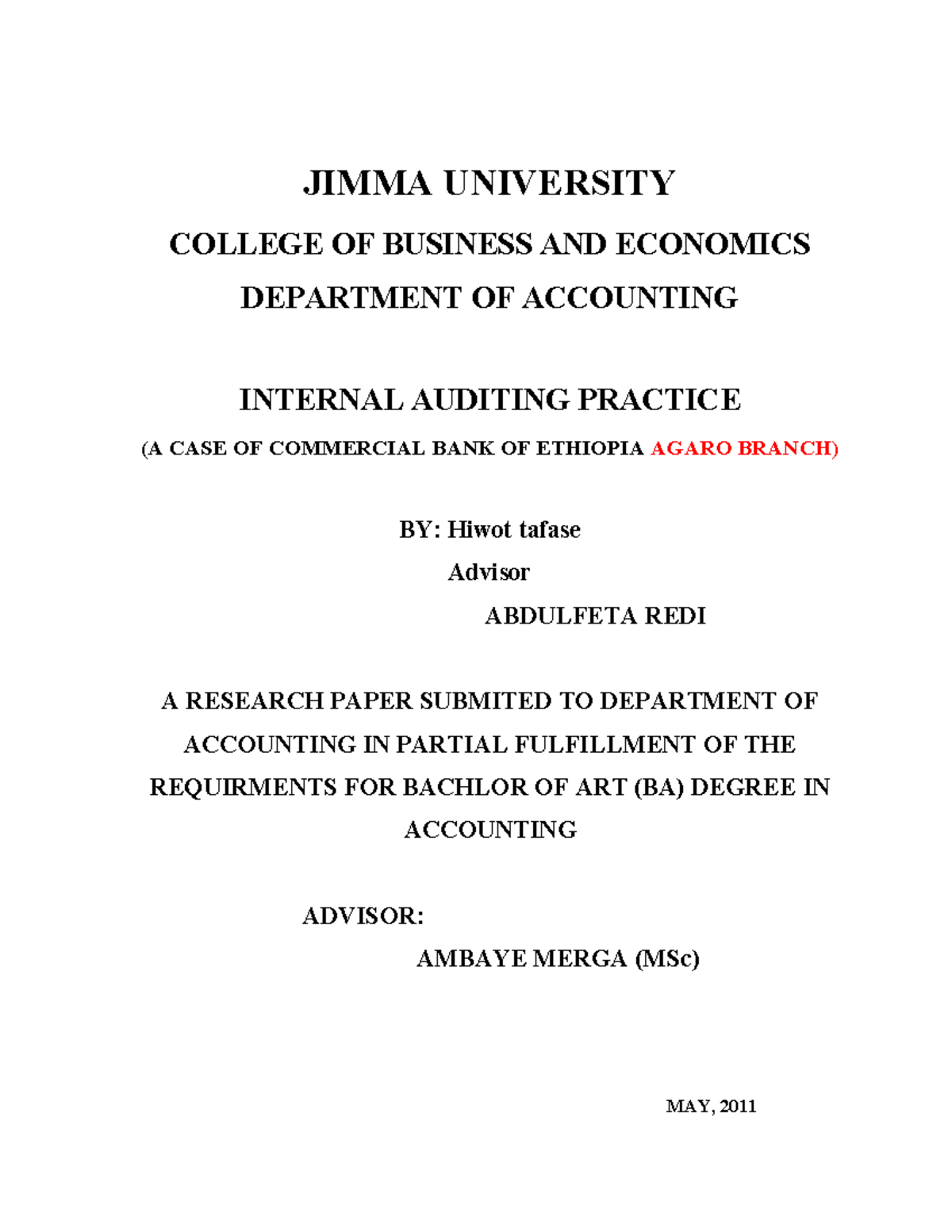 Internal Auditing Practices: A Case Study of CBE Agaro Branch (BA ...