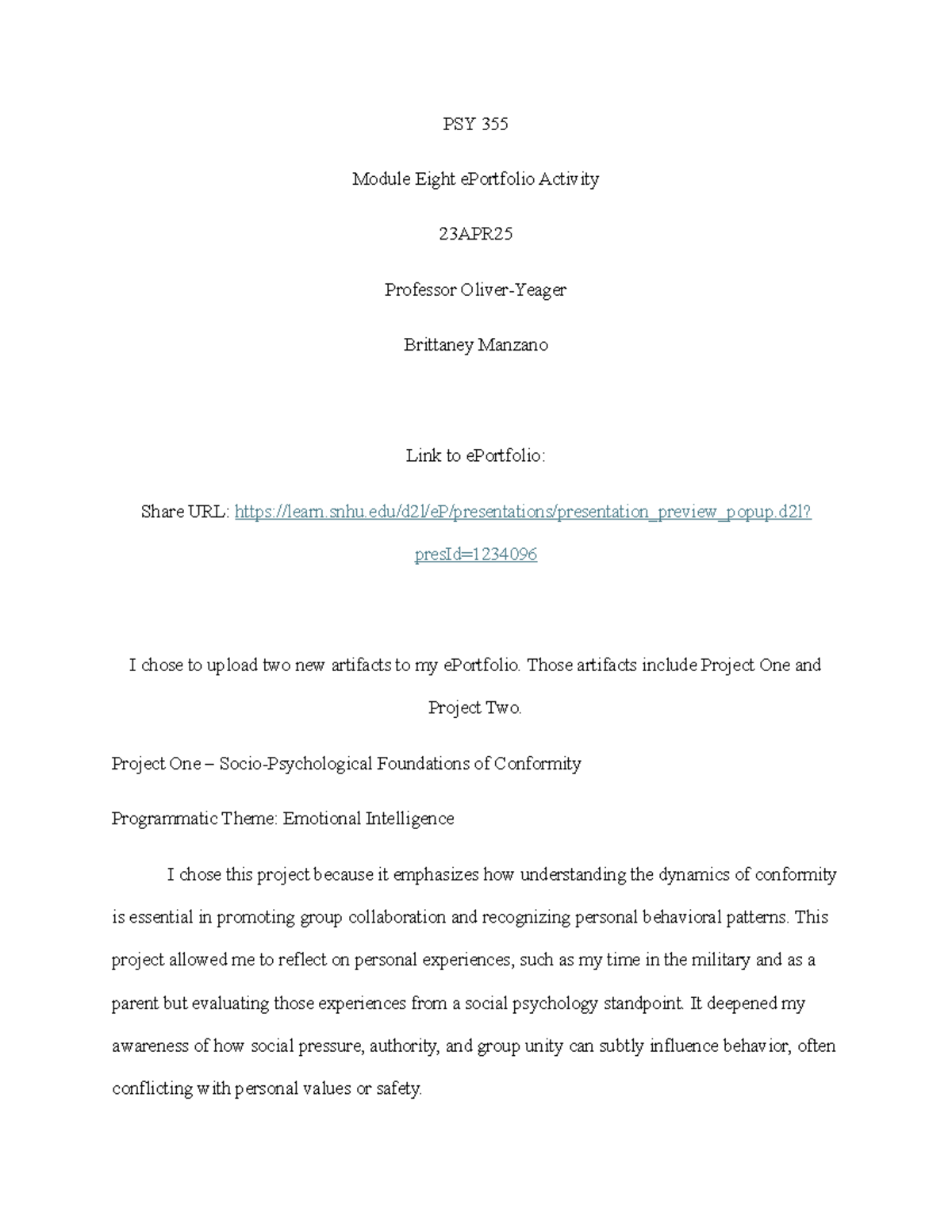 PSY 355 Module 8 ePortfolio Activity: Reflections on Conformity - Studocu
