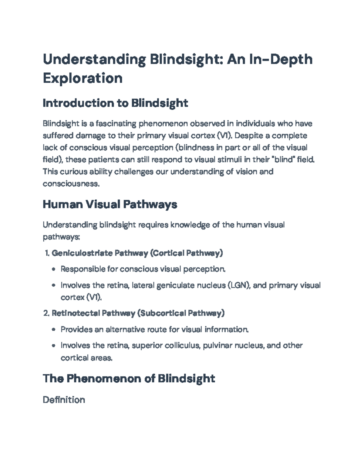Understanding Blindsight: Insights into Visual Processing Mechanisms ...