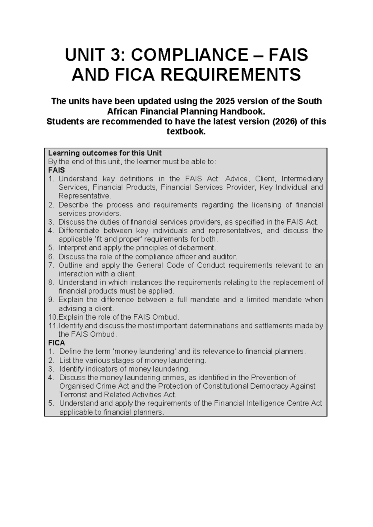 2026 - LFPE5800 - Unit 3: FAIS and FICA Compliance Requirements - Studocu