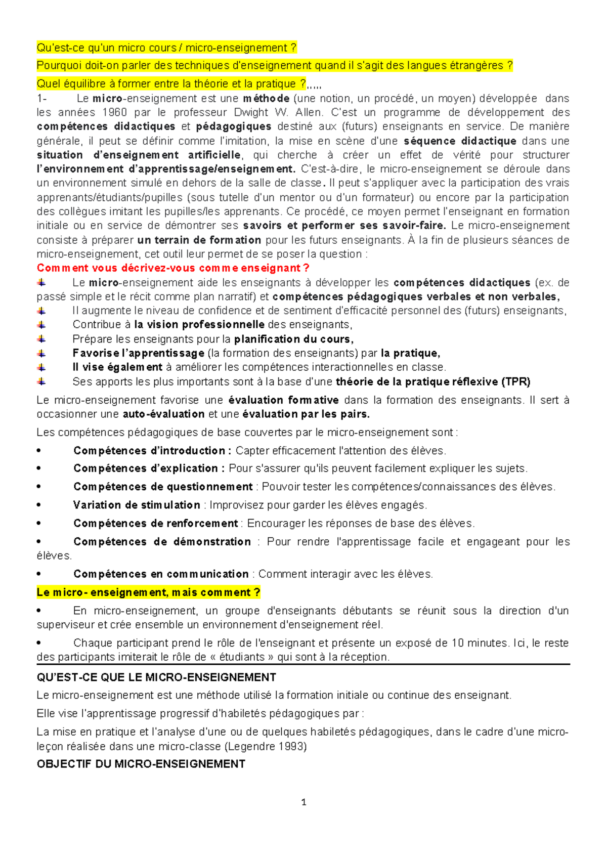 Compétences en Micro-enseignement : Approches et Techniques Pédagogiques - Studocu