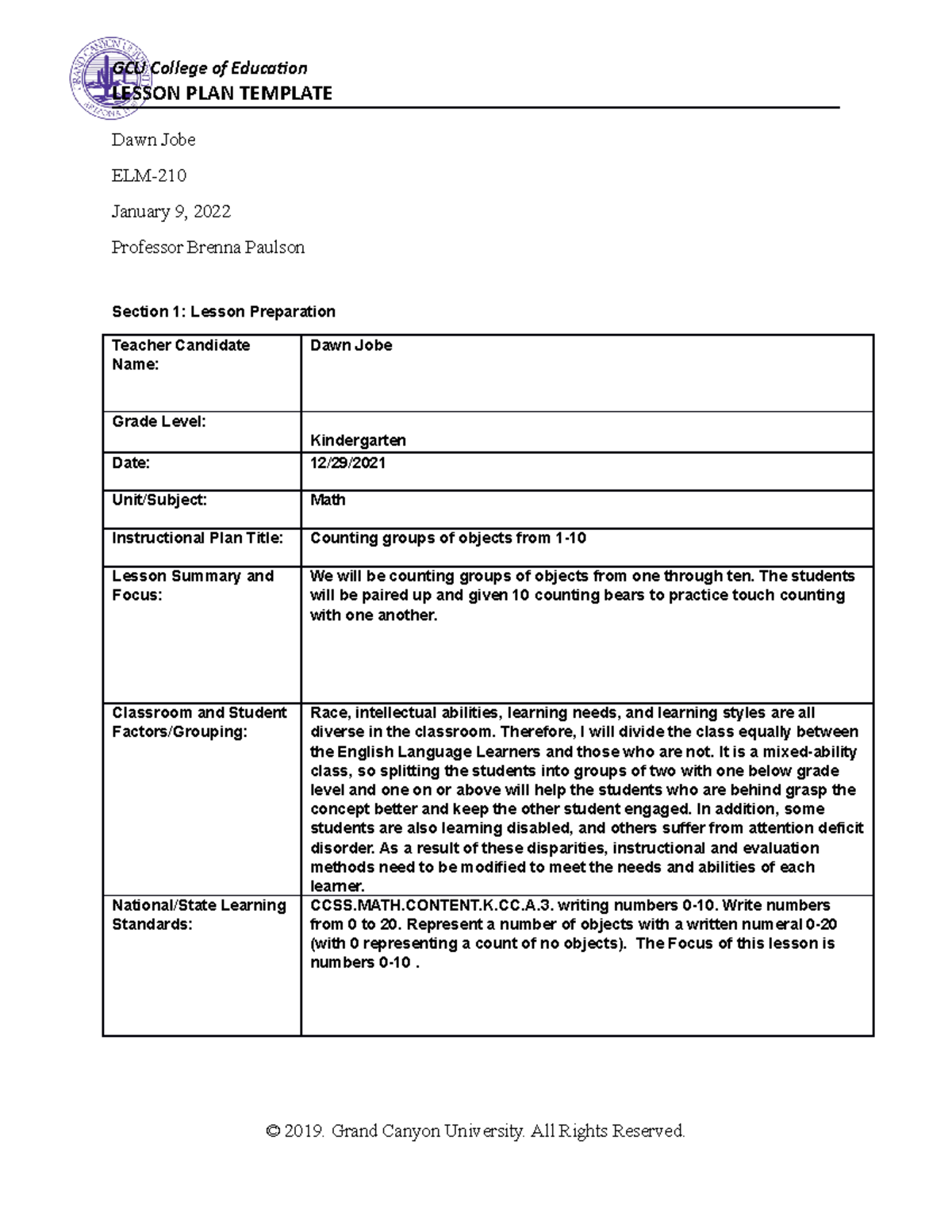 Week 6 - Benchmark assignment - LESSON PLAN TEMPLATE Dawn Jobe ELM ...