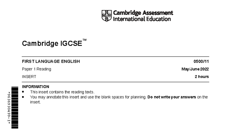 Cambridge IGCSE 0500/11/2022 Paper 1 Reading Insert - Studocu