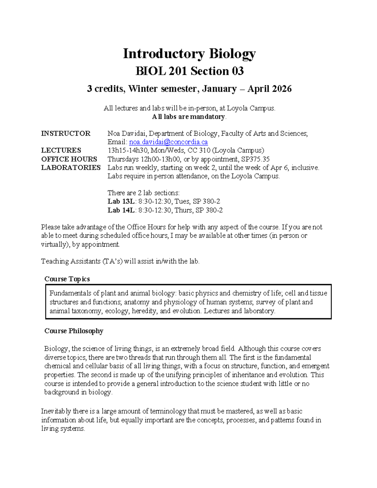 BIOL 201 Section 03 Course Outline - Winter 2026 - Studocu
