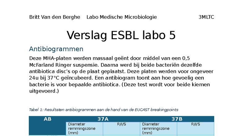 Verslag ESBL Labo 5: Antibiogrammen en Resistentiestudies 3MLTC - Studocu