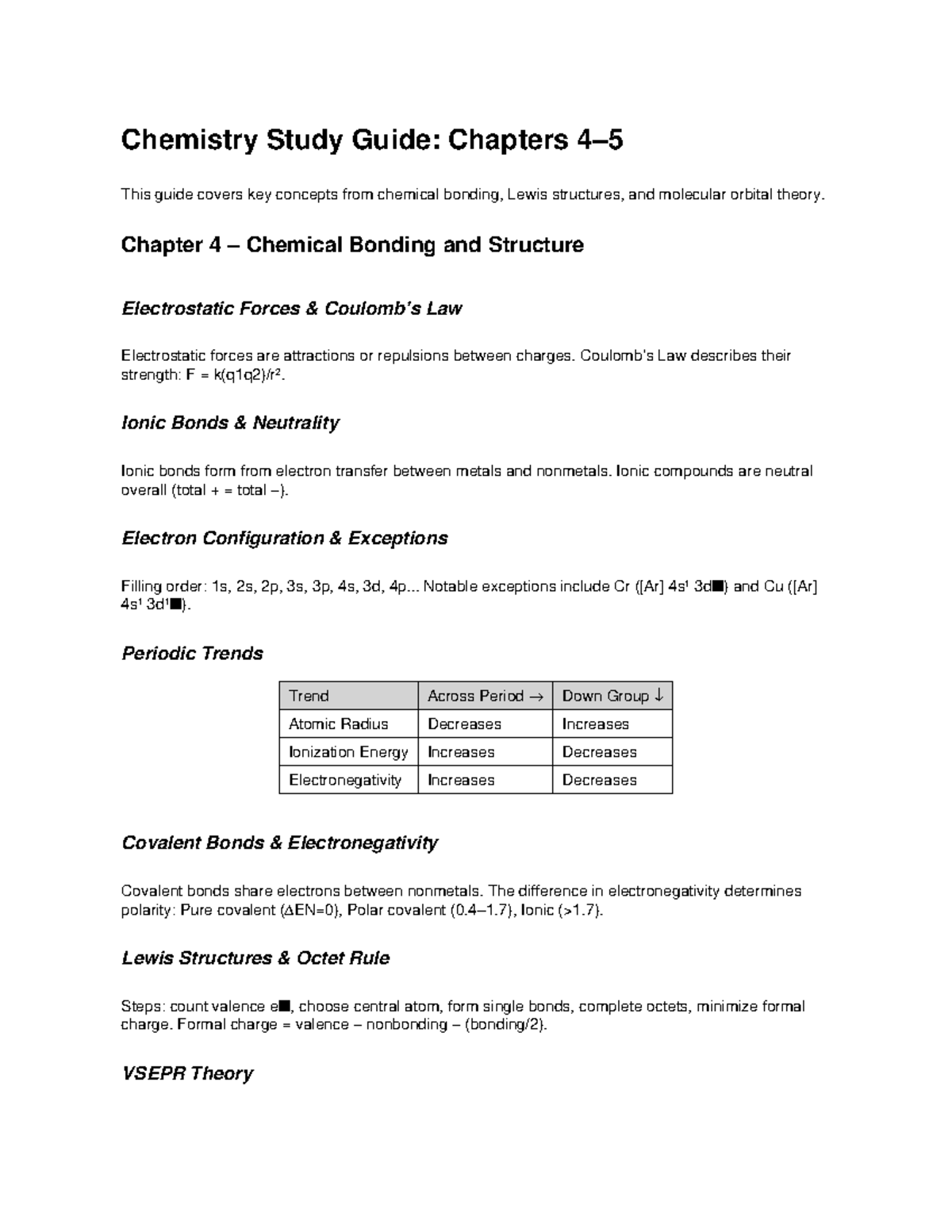 Chemistry Ch4 Ch5 Study Guide: Key Concepts in Bonding and Structure ...