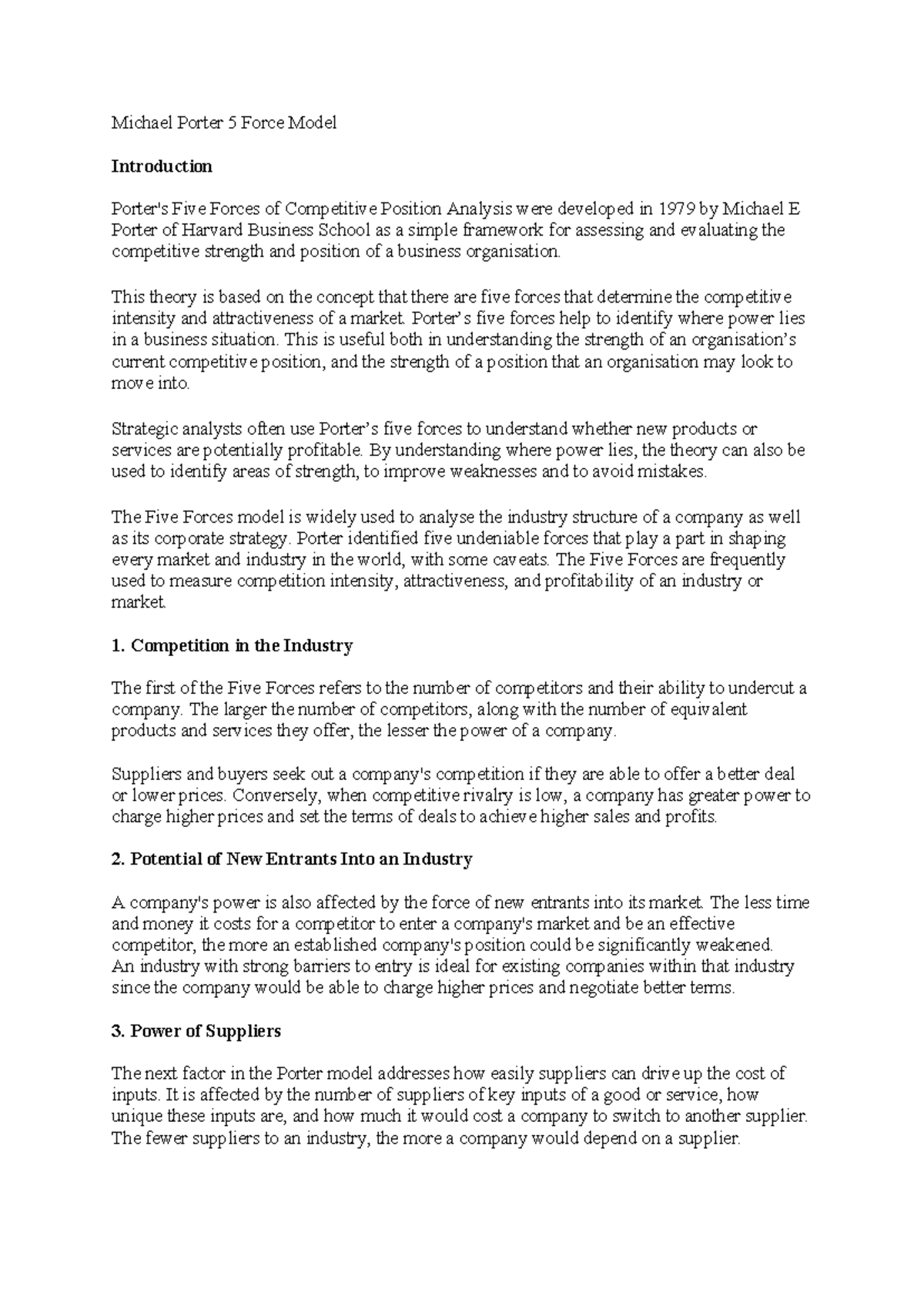 Michael Porter’s 5 Forces Model: Analyzing Competitive Position - Studocu