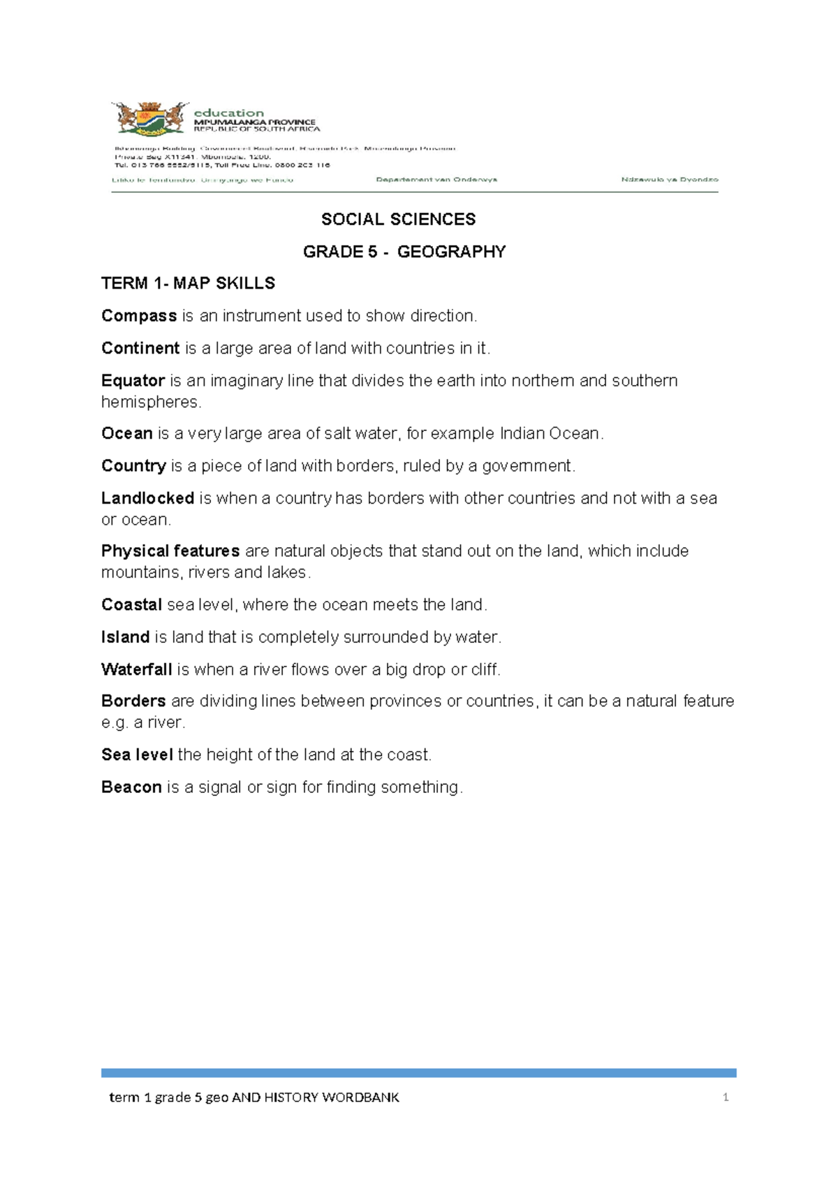 Grade 5 Term 1 Geography & History Wordbank - Studocu