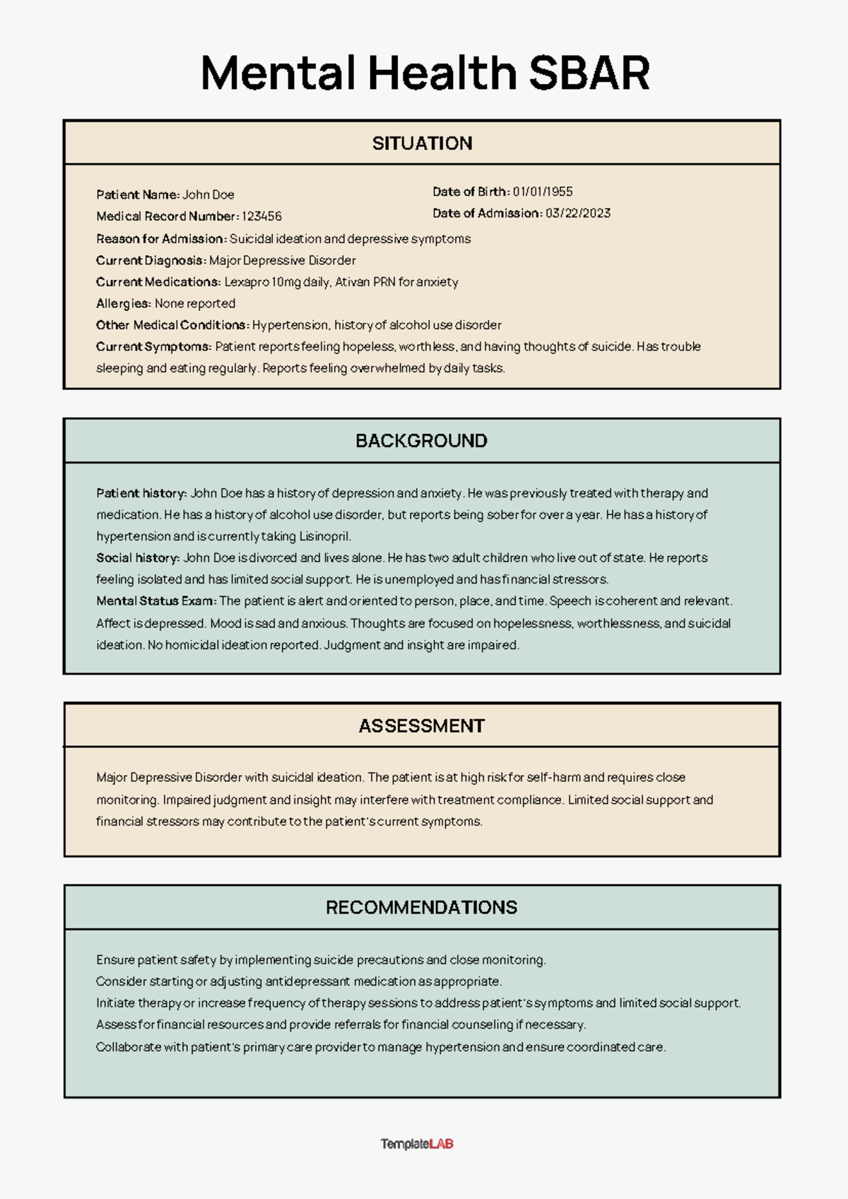 Mental Health SBAR Template for Patient John Doe - MDD & Suicidal ...